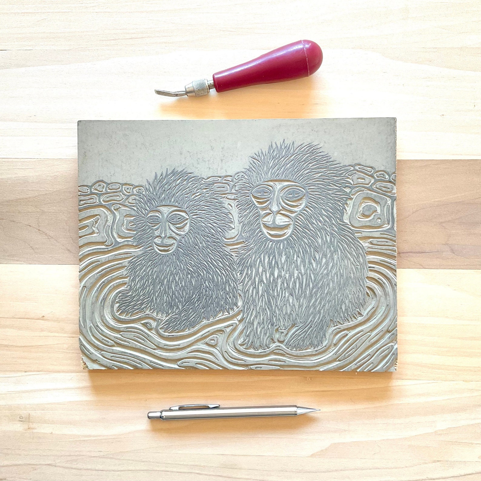 The Blue Snow Monkeys Linoleum Block Print Monkey Art Japanese - Etsy