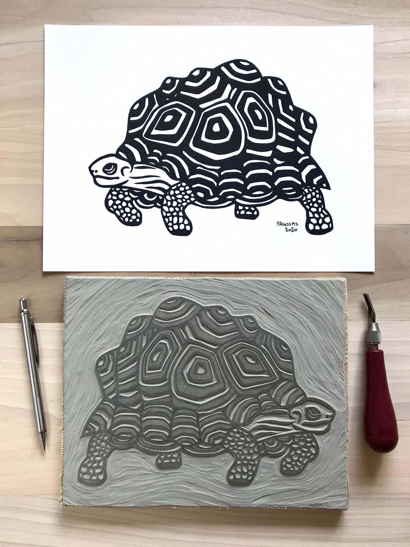 The Tortoise Linoleum Block Print / Turtle Nature Lovers / - Etsy