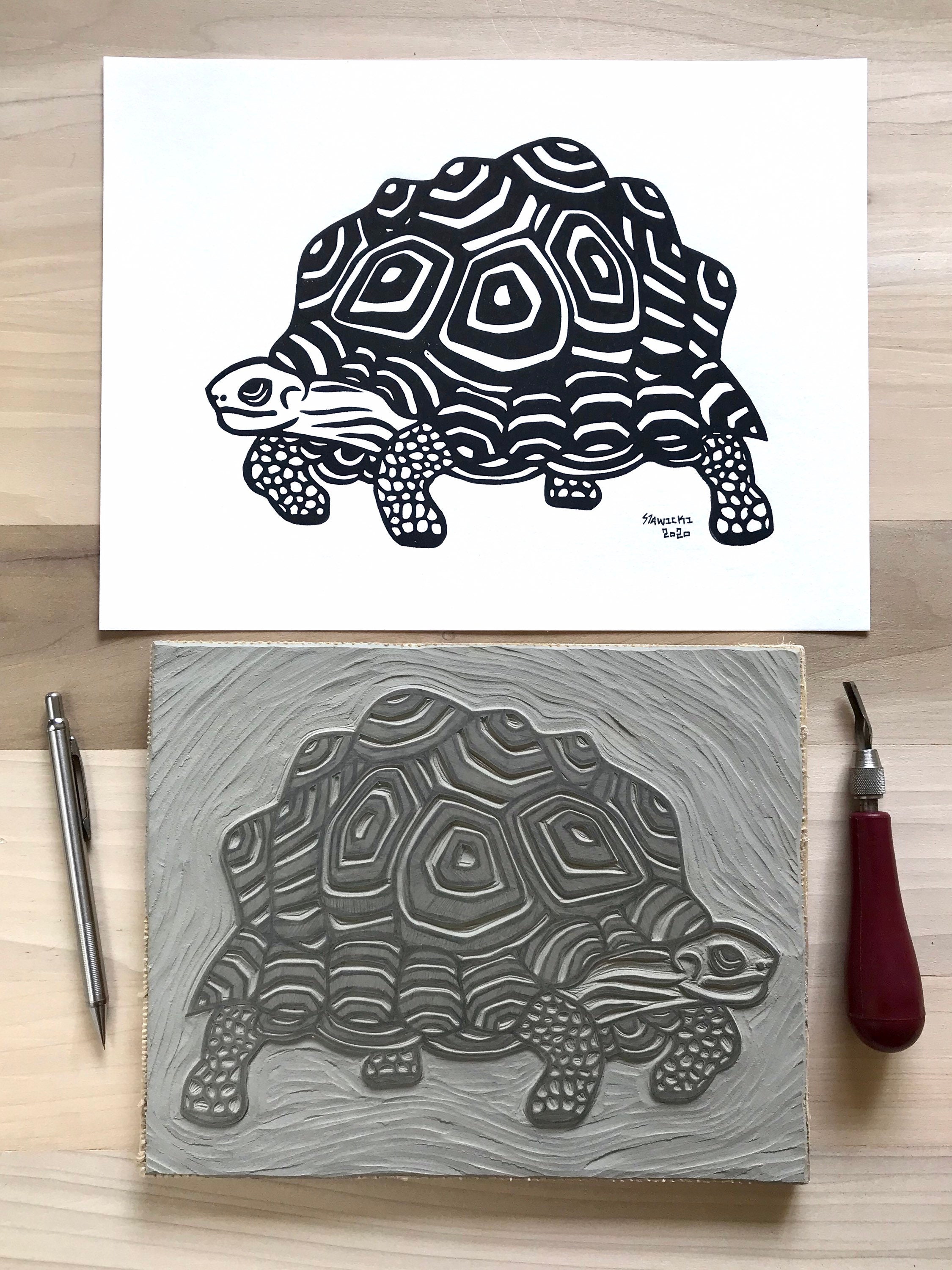 The Tortoise Linoleum Block Print / Turtle Nature Lovers / | Etsy