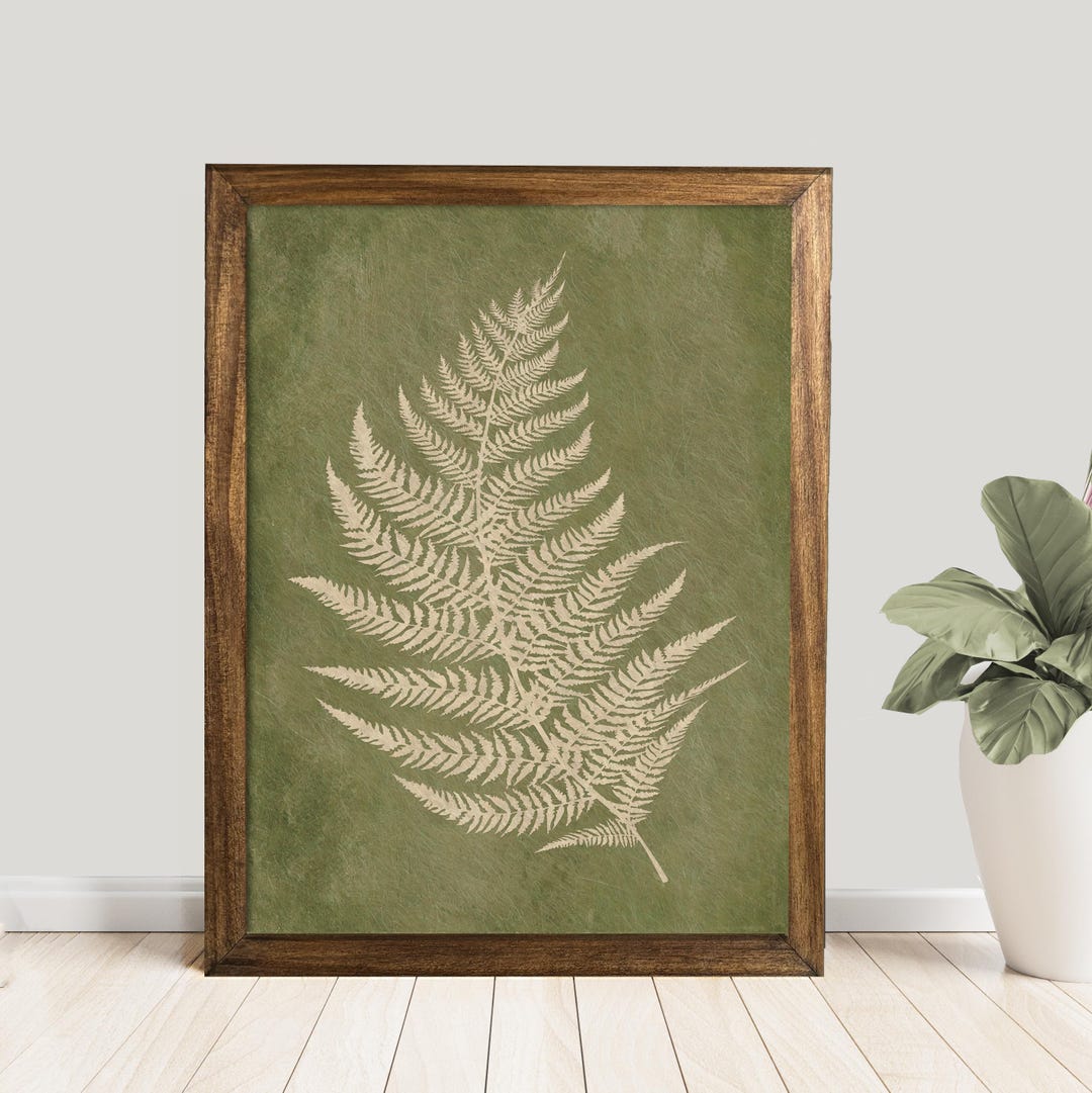 Single Green Linen Fern Wood Framed Canvas Decor, 8x10 Botanical Walnut ...