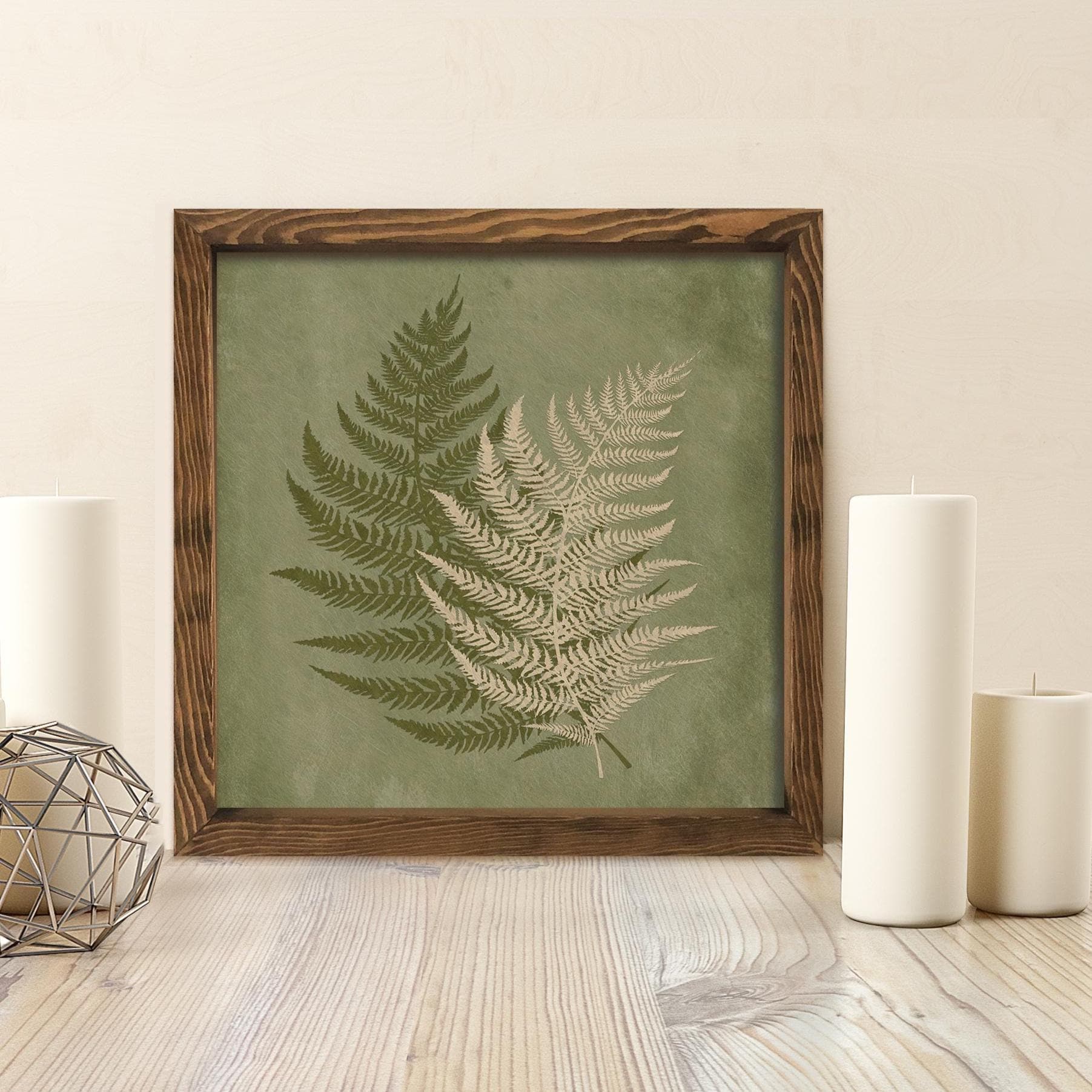 Green Linen Texture Ferns Wood Framed Canvas Print, Pair of Ferns Wall ...