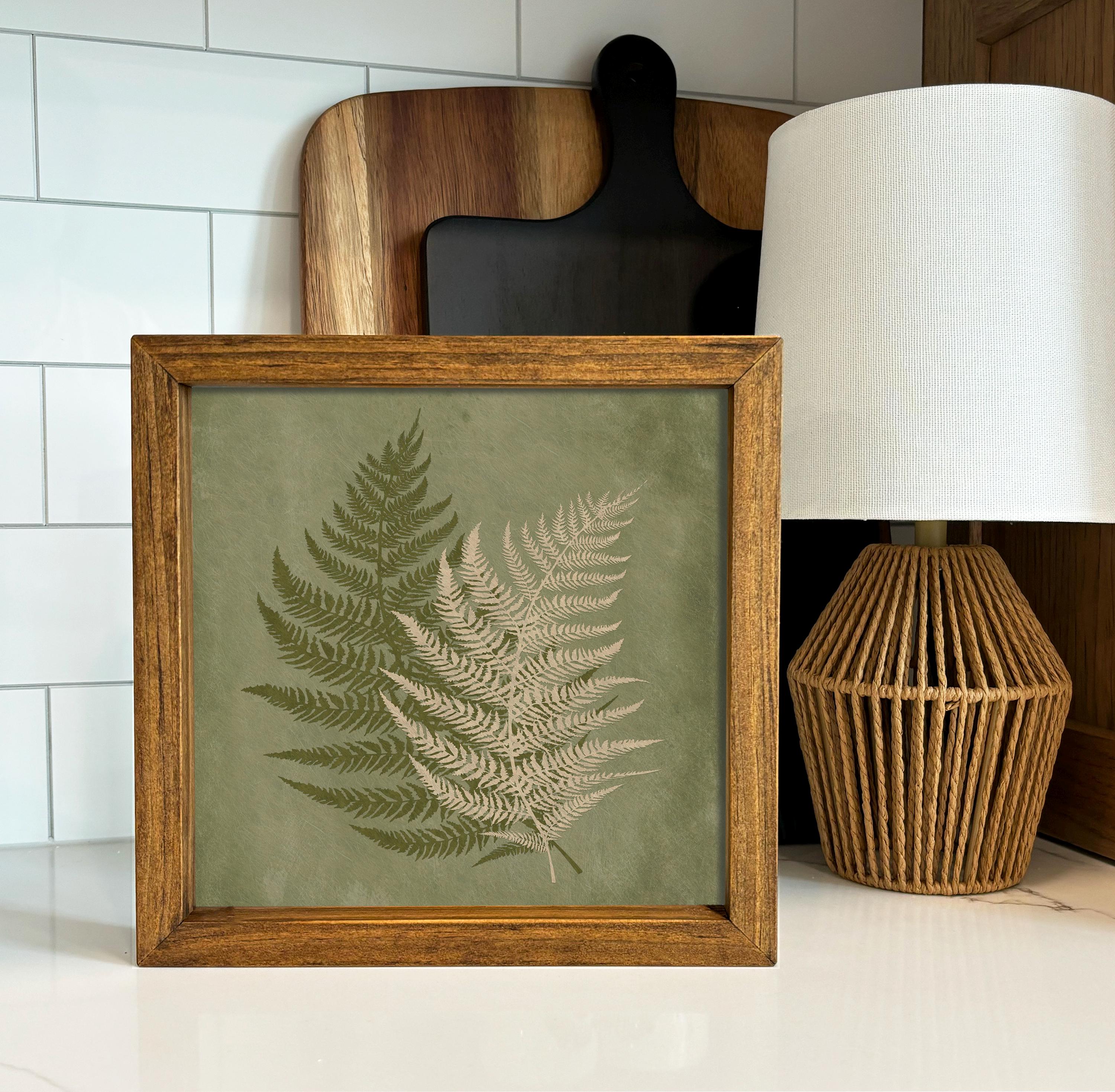 Green Linen Texture Ferns Wood Framed Canvas Print, Pair of Ferns Wall ...