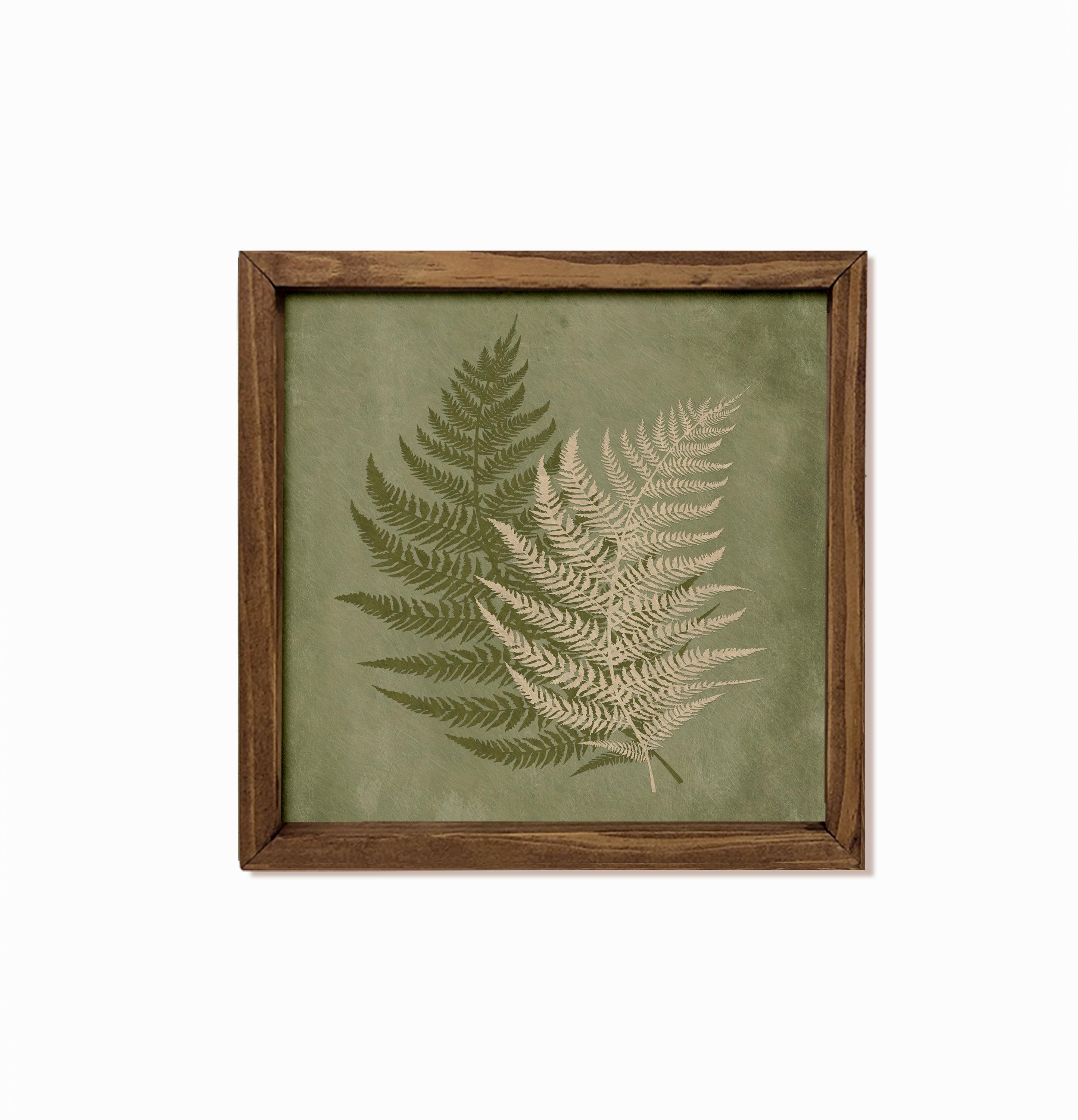 Green Linen Texture Ferns Wood Framed Canvas Print, Pair of Ferns Wall ...
