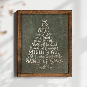 For Unto Us A Child is Born Wood Framed Canvas Sign, Green Linen ...