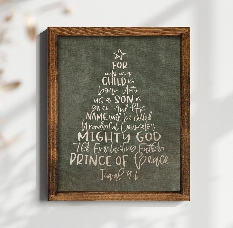 For Unto Us A Child is Born Wood Framed Canvas Sign, Green Linen ...
