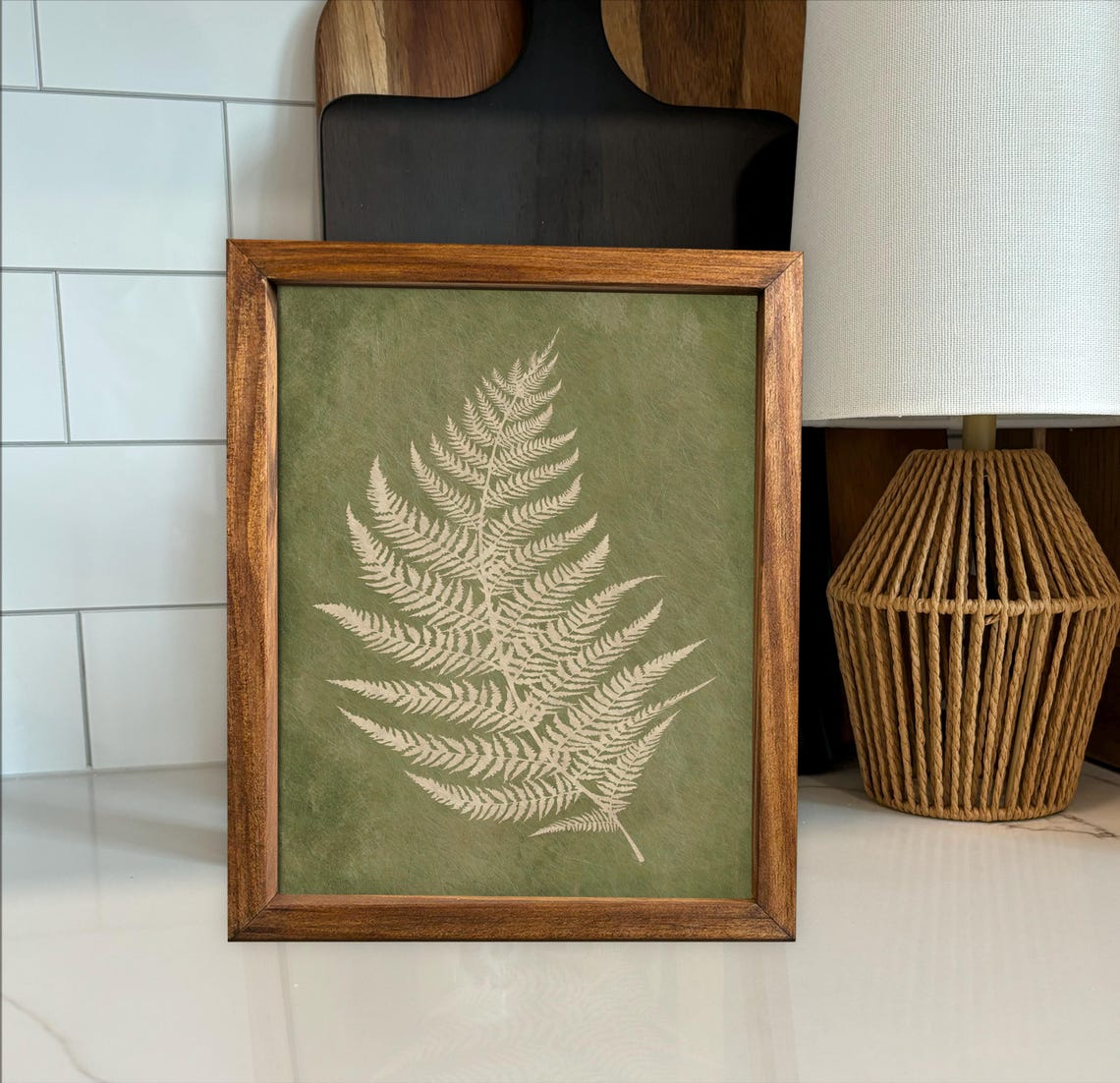Single Green Linen Fern Wood Framed Canvas Decor, 8x10 Botanical Walnut ...
