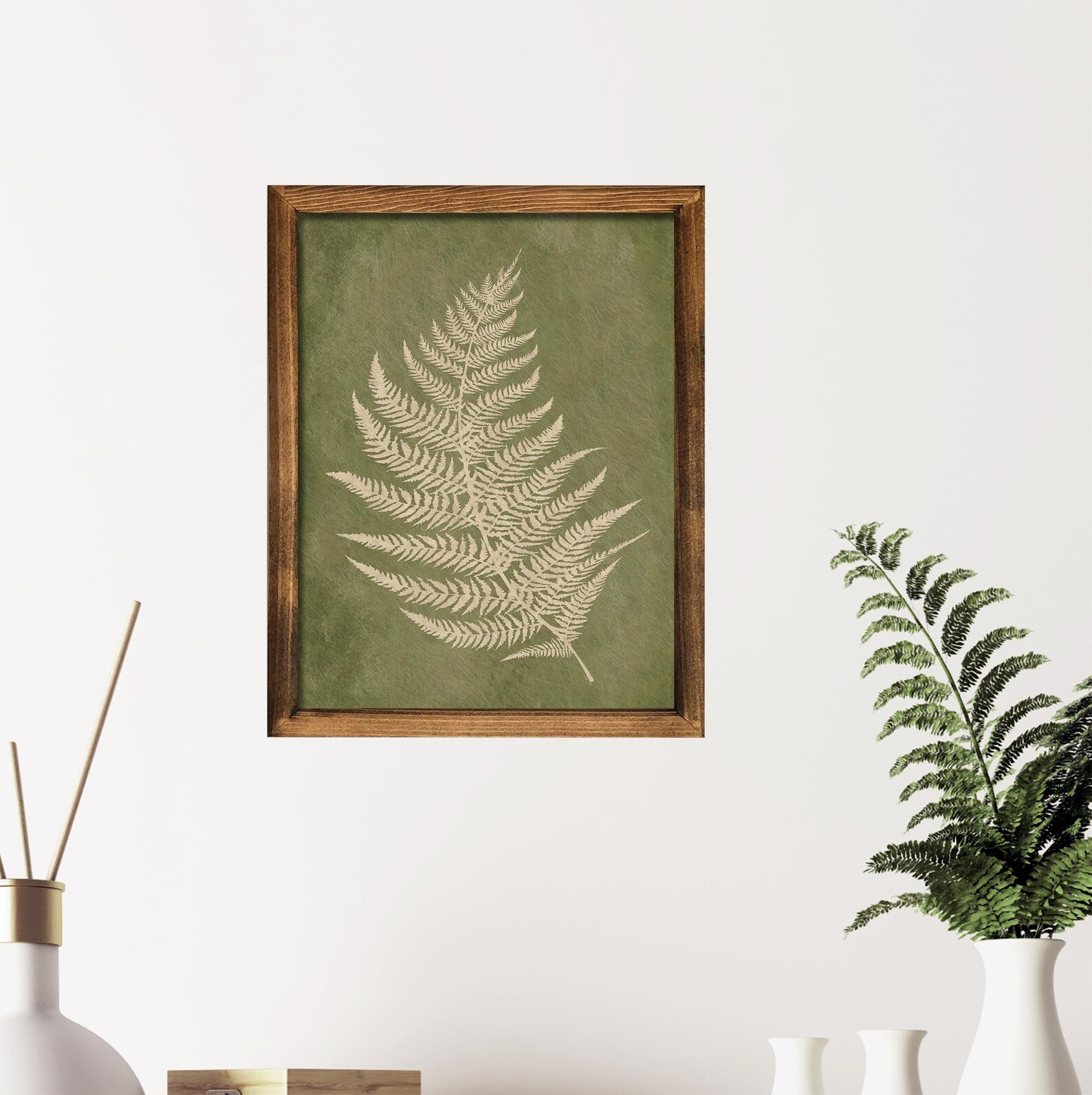 Single Green Linen Fern Wood Framed Canvas Decor, 8x10 Botanical Walnut ...