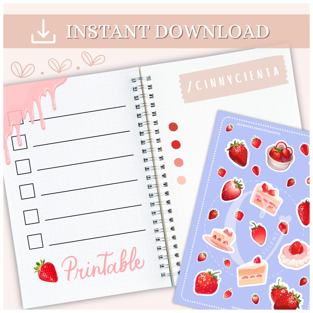 Strawberries STICKER PRINTABLE - Digital Sheet - KAWAII Journal ...