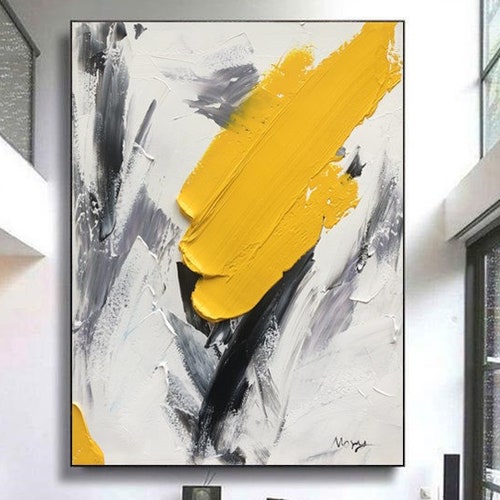 Large Yellow Textured Abstract Painting Original Black and | Etsy