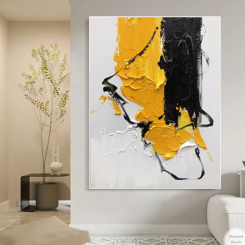 Original Black Yellow Painting Hand-painted Heavy Textured Impasto ...