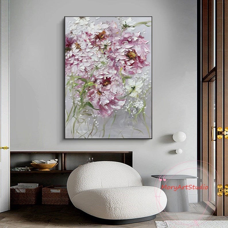 Pink Flower Oil Painting on Canvas Original Acrylic Textured Floral Wall Art Abstract Blossom ...