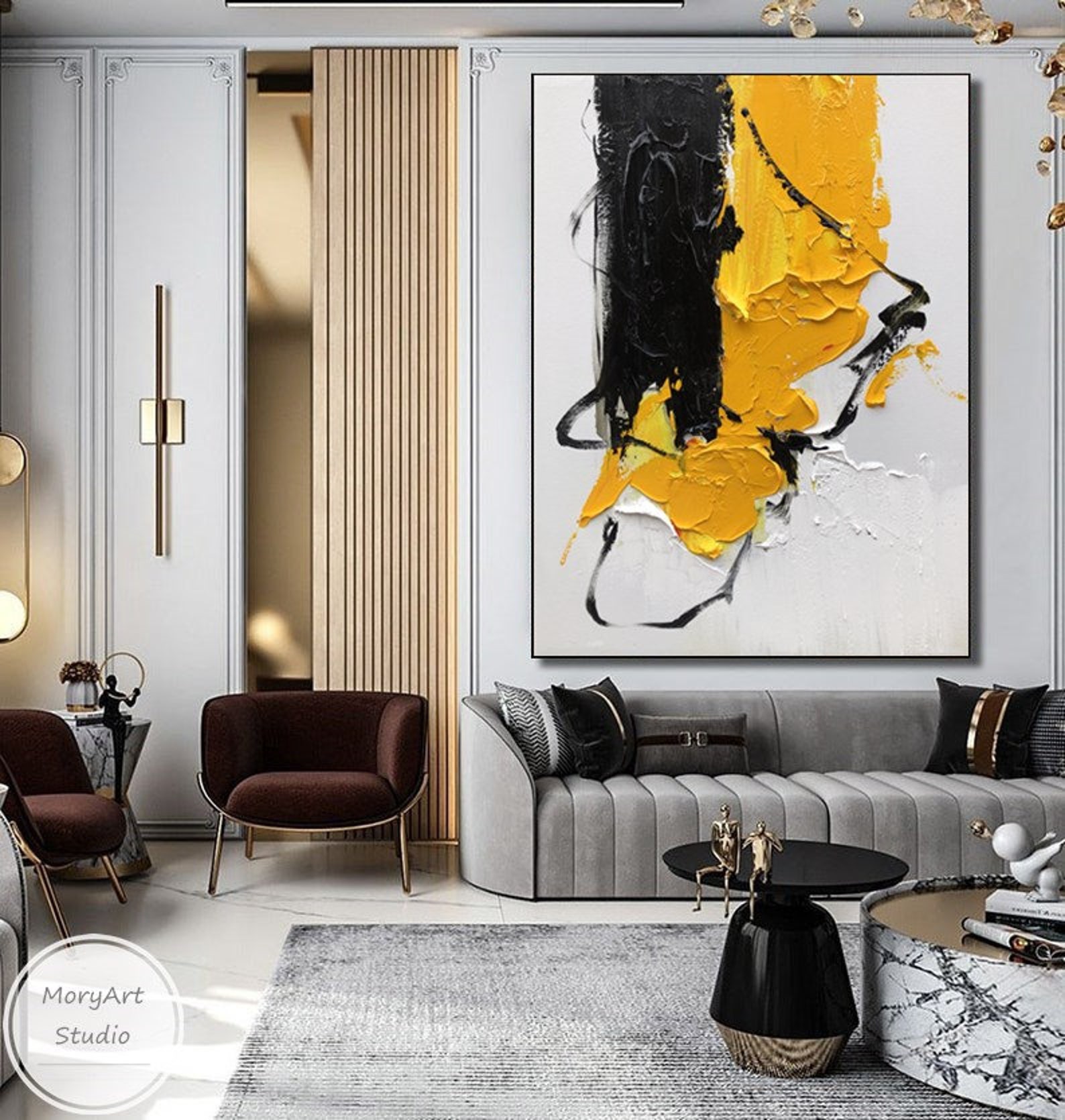 Large Yellow Textured Abstract Painting Original Black and White Oil ...