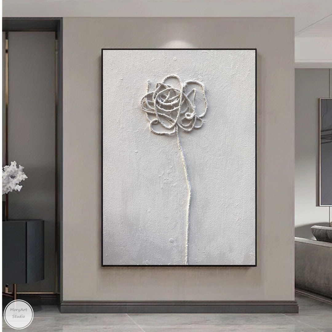 Large White 3D Textured Rose Painting Rose Minimalist Wall Art White ...