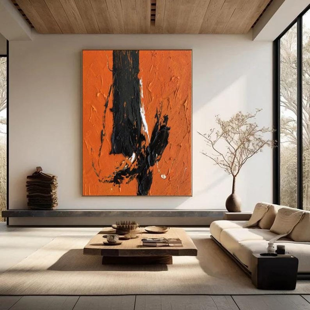 Large Orange Textured Abstract Wall Art Original Black Minimalist ...