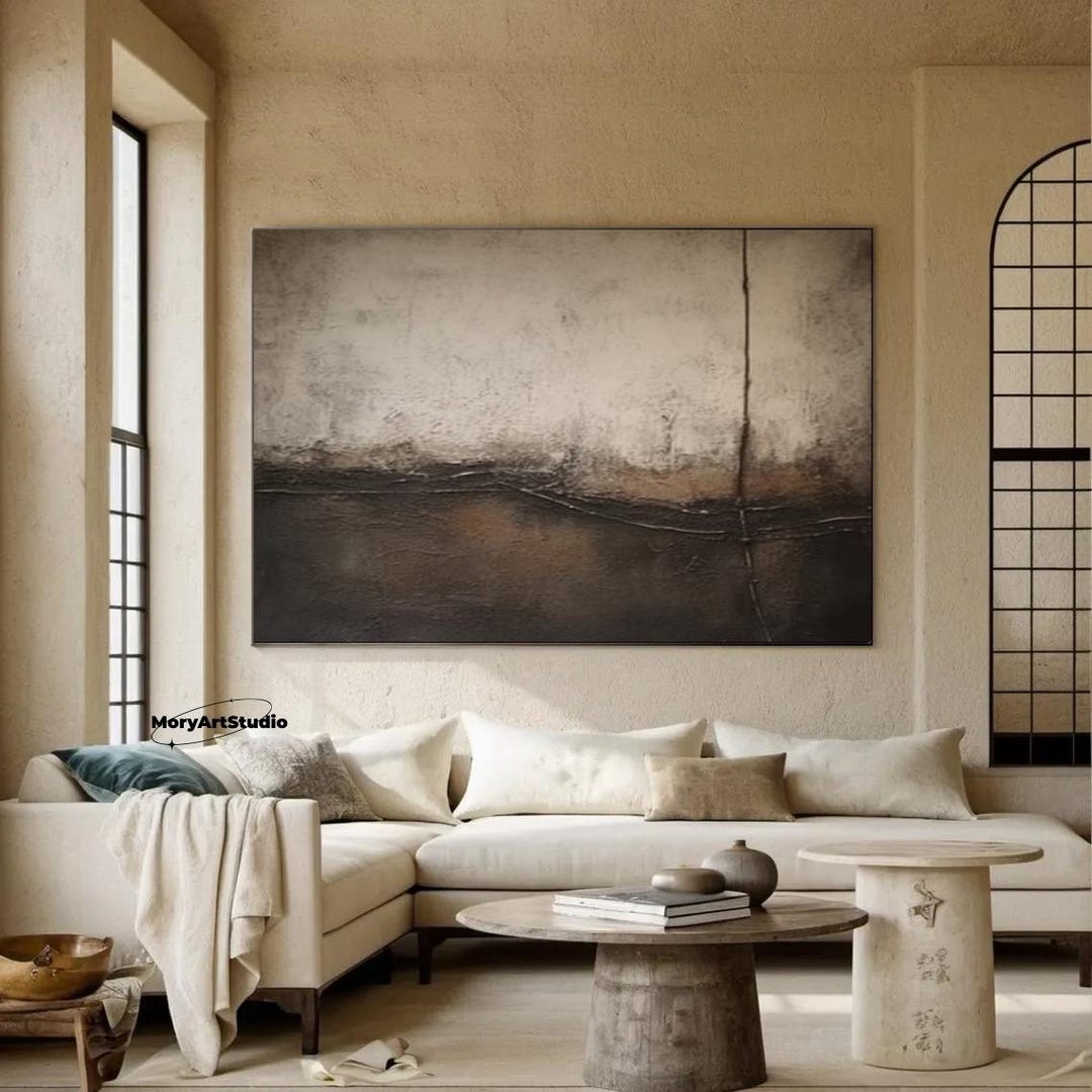 Large Black Abstract Line Oil Painting Modern Brown Wabi Sabi Wall Art ...