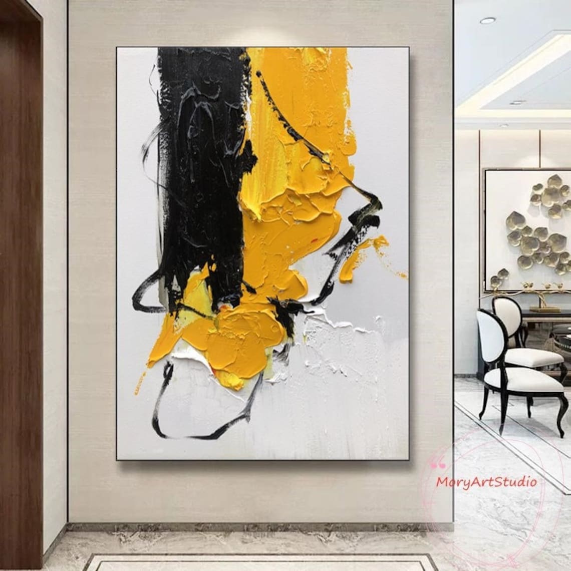 Large Yellow Textured Abstract Painting Original Black and | Etsy