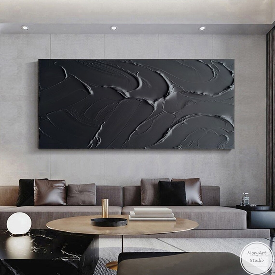Large Black Minimalist Abstract Oil Painting Black 3D Textured - Etsy