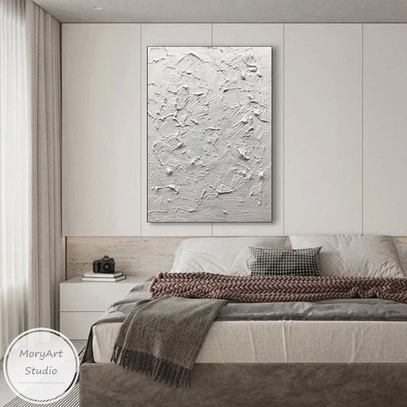 Large White Abstract Painting White 3D Texture Painting Large Modern White Nordic Living Room ...