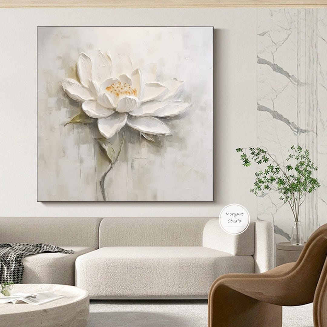 Large Hand-painted Floral Textured Wall Art White Flower Oil Painting ...