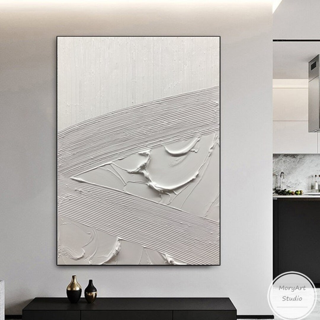 White Abstract Painting White Minimalist Art Bedroom Wall Decor Large ...