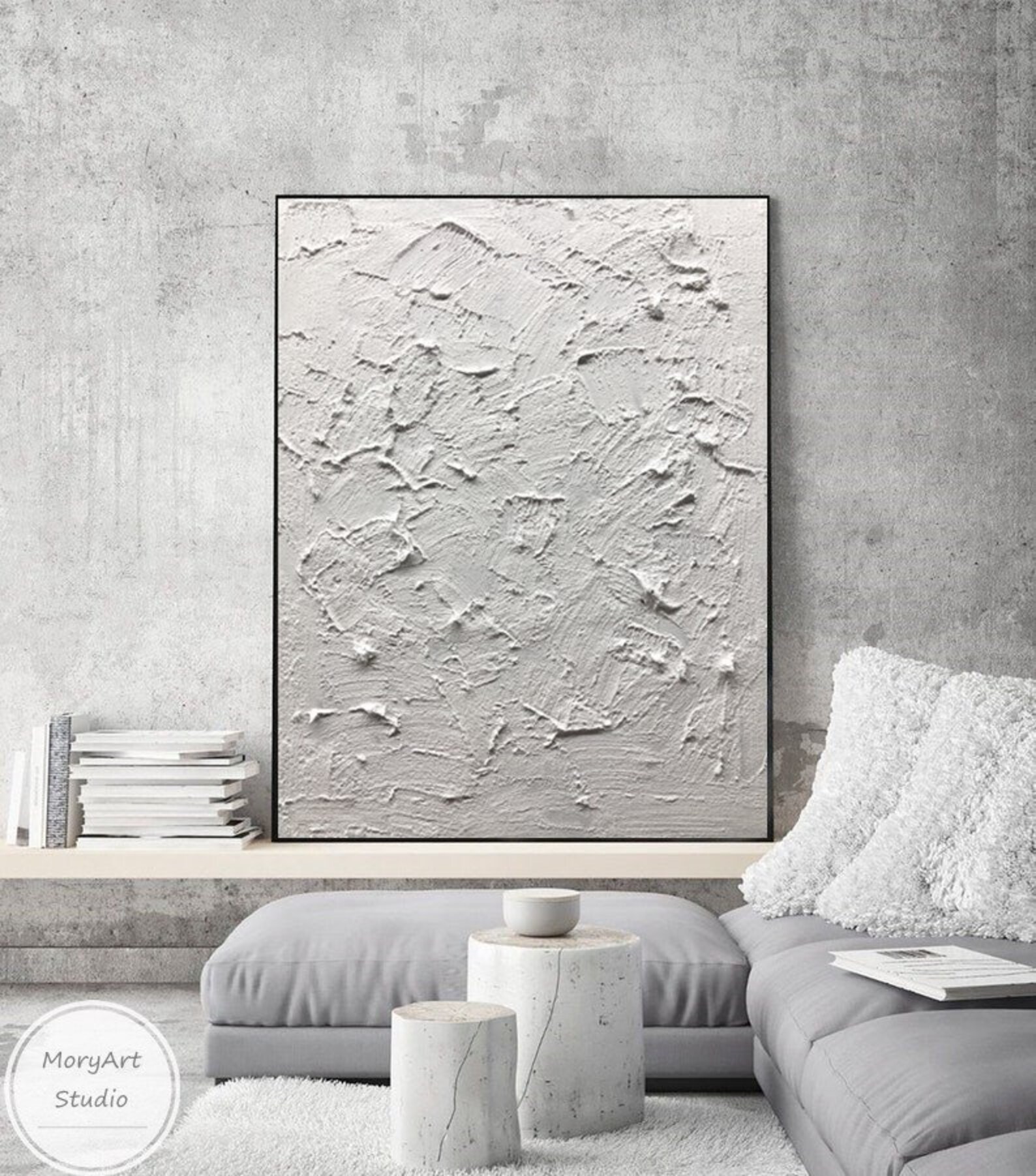 Large White Abstract Painting White 3D Texture Painting Large Modern White Nordic Living Room ...