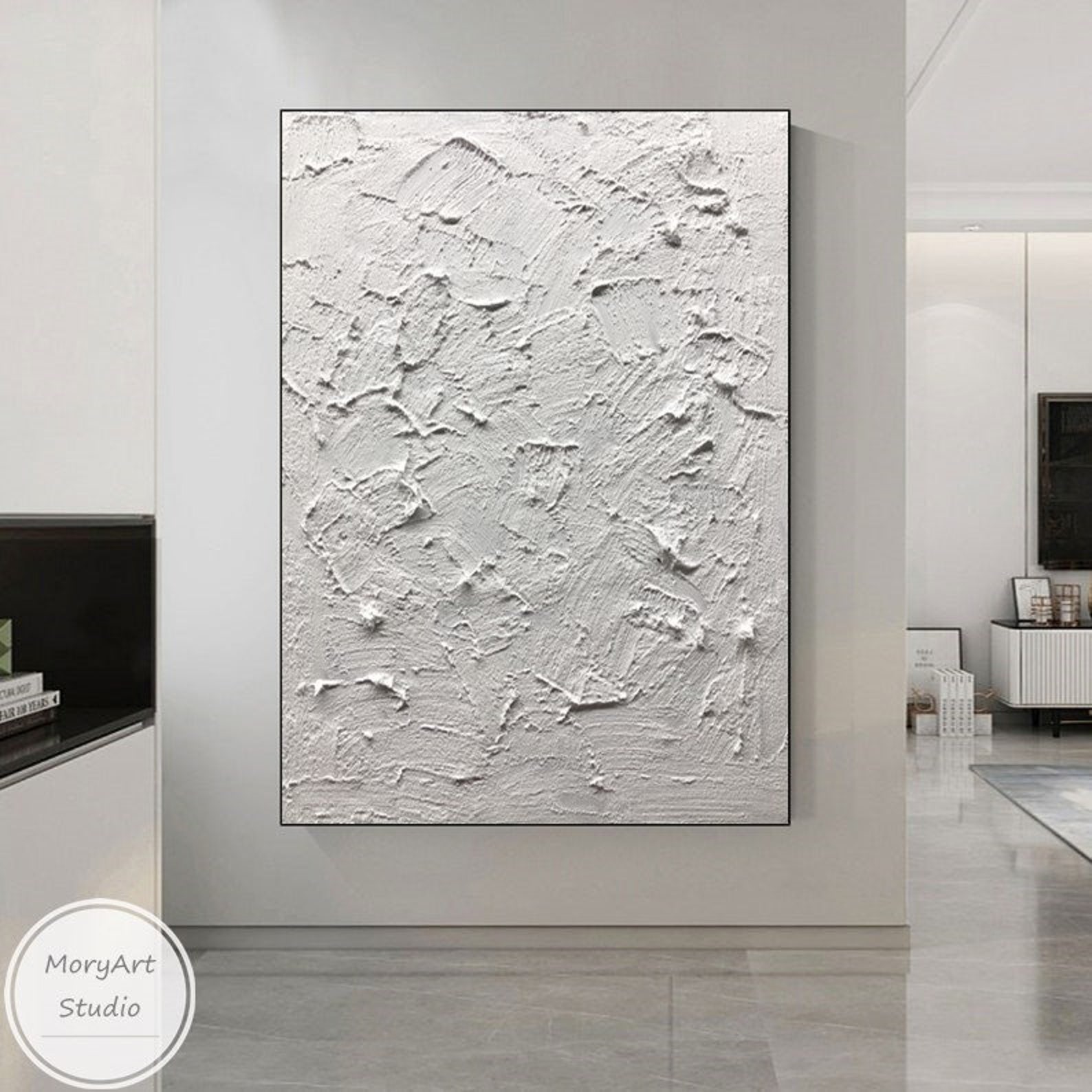 Large White Abstract Painting White 3D Texture Painting Large Modern White Nordic Living Room ...