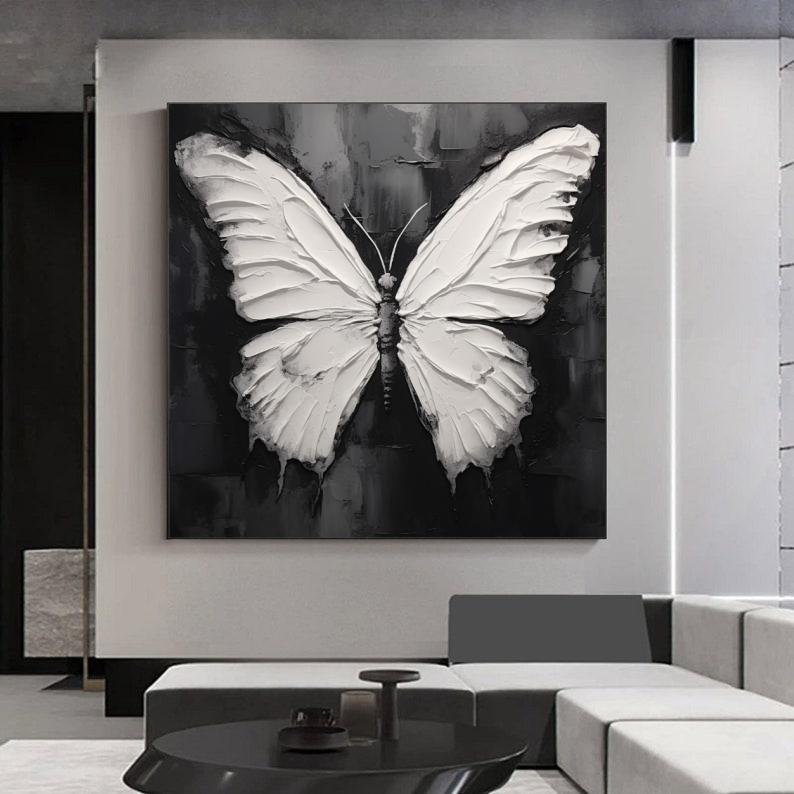 Handmade White Butterfly Oil Painting, 3D White Butterfly Painting on ...