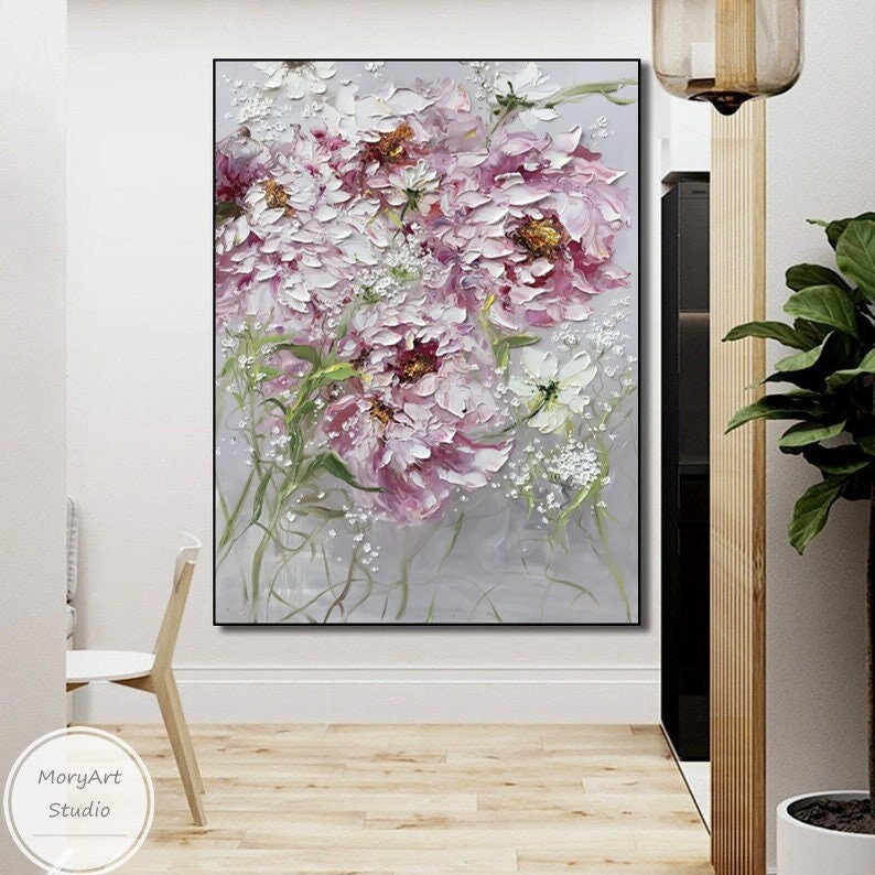 Pink Flower Oil Painting on Canvas Original Acrylic Textured Floral ...