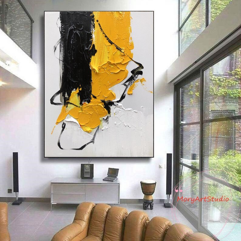 Large Yellow Textured Abstract Painting Original Black and | Etsy