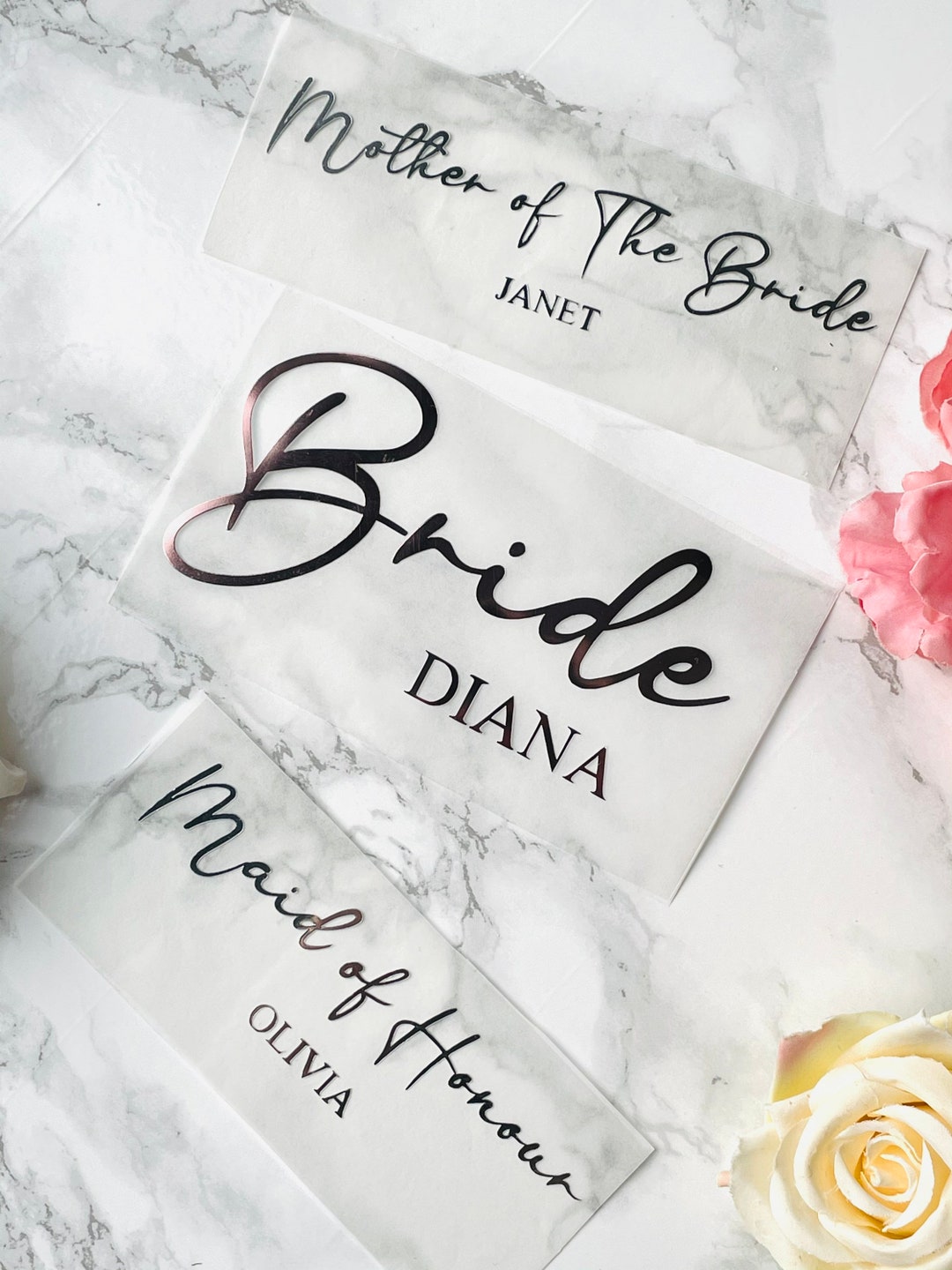 Wedding Iron on Names, Bridesmaid, Bride, Maid of Honour, Flower Girl ...