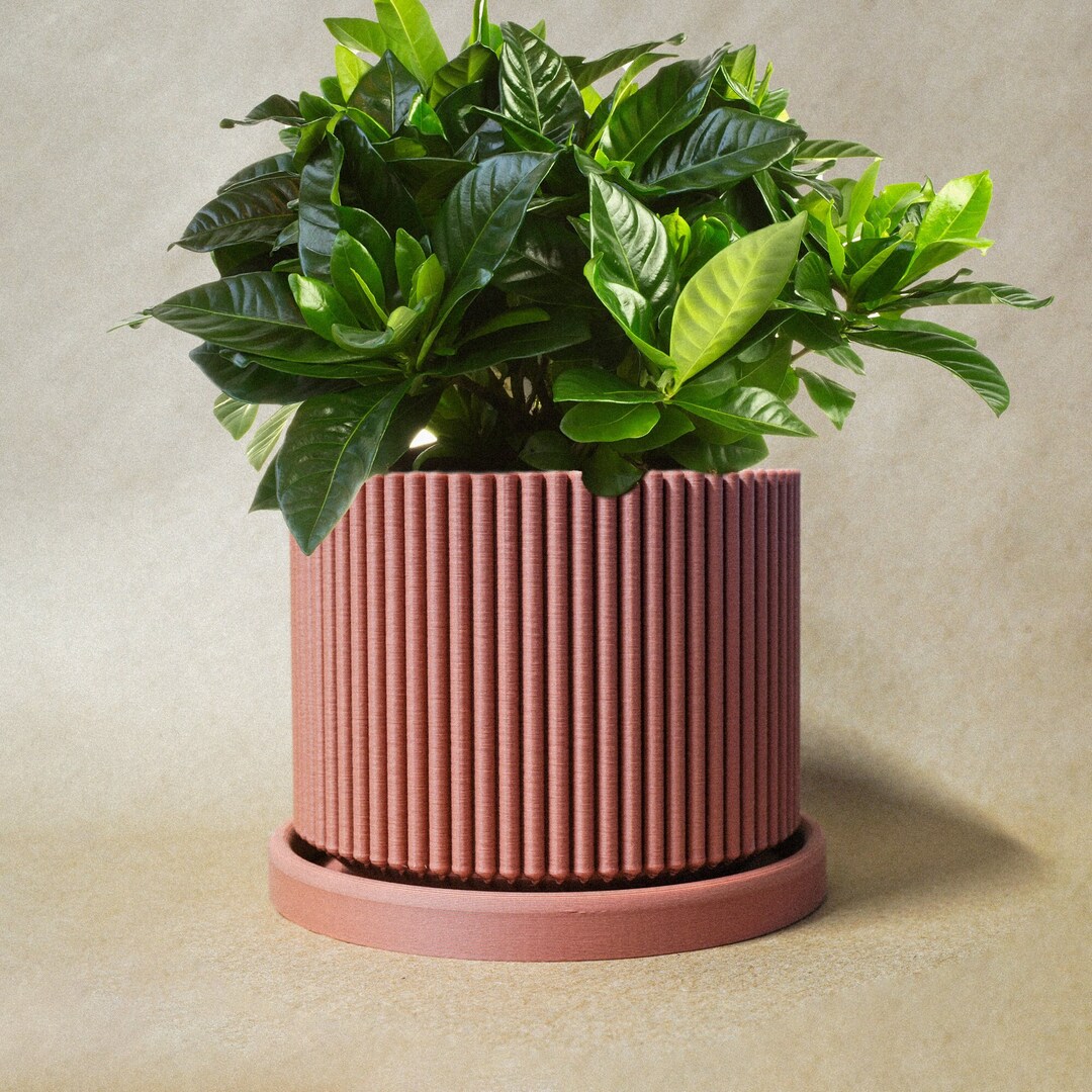 Mid-century Ribbed Planter With Drainage and Saucer in Matte Terracotta ...