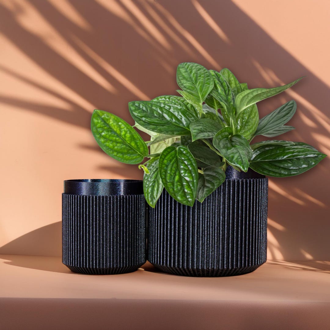 Trendy Ribbed Planter With Drainage, Bold Modern Plant Pot, Black ...