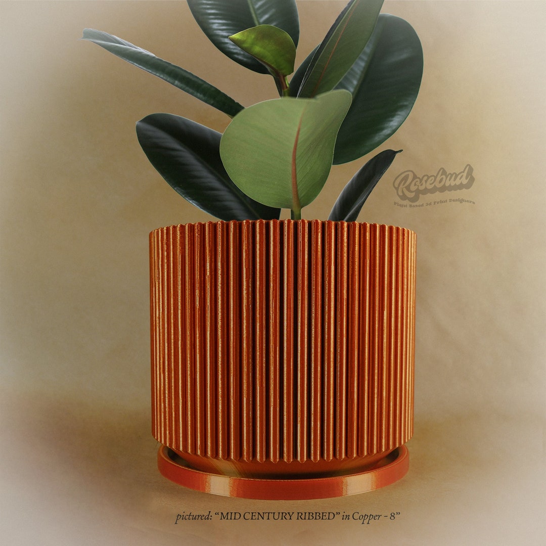Mid-century Ribbed Planter With Drainage and Saucer in Shiny Copper, 3D ...