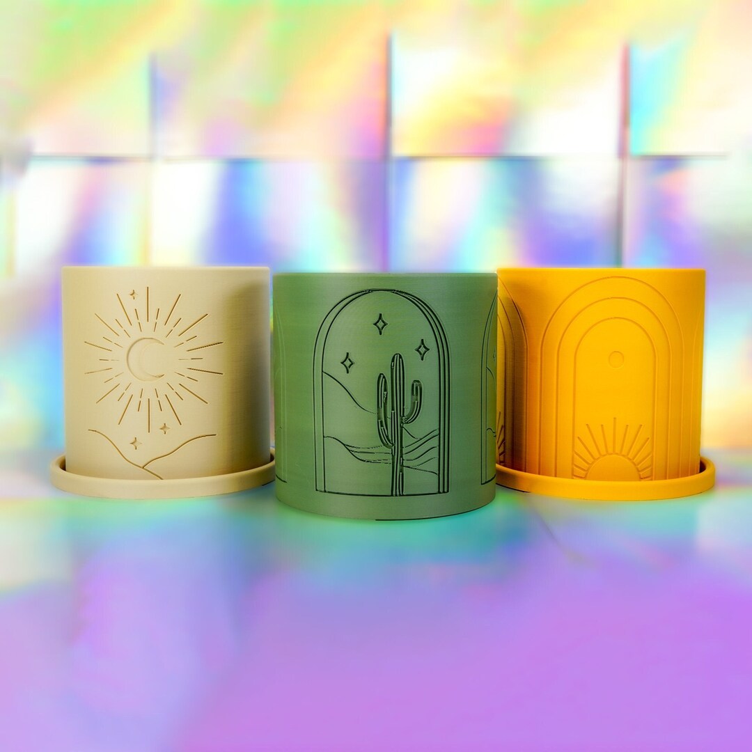 Set of 3 Modern Planters With Design, Pots With Drainage and Saucer ...