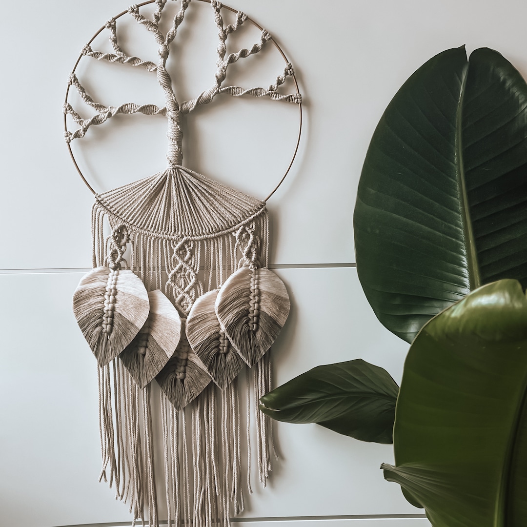Traumfänger Makramee Boho Lebensbaum mit Blätter Baum Wandbehang Taufe Geburt Geschenkidee ...