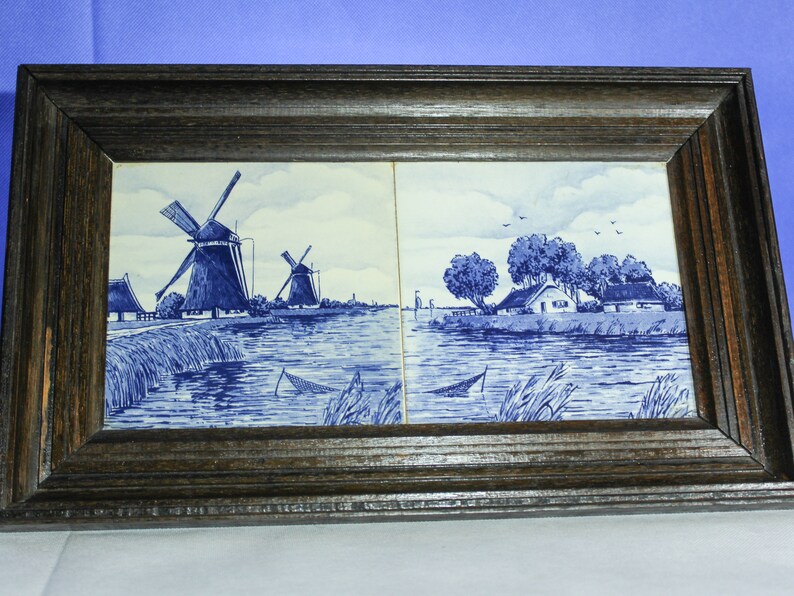Vintage Large Wooden Frame With Two Delft Blue Tiles Depicting - Etsy