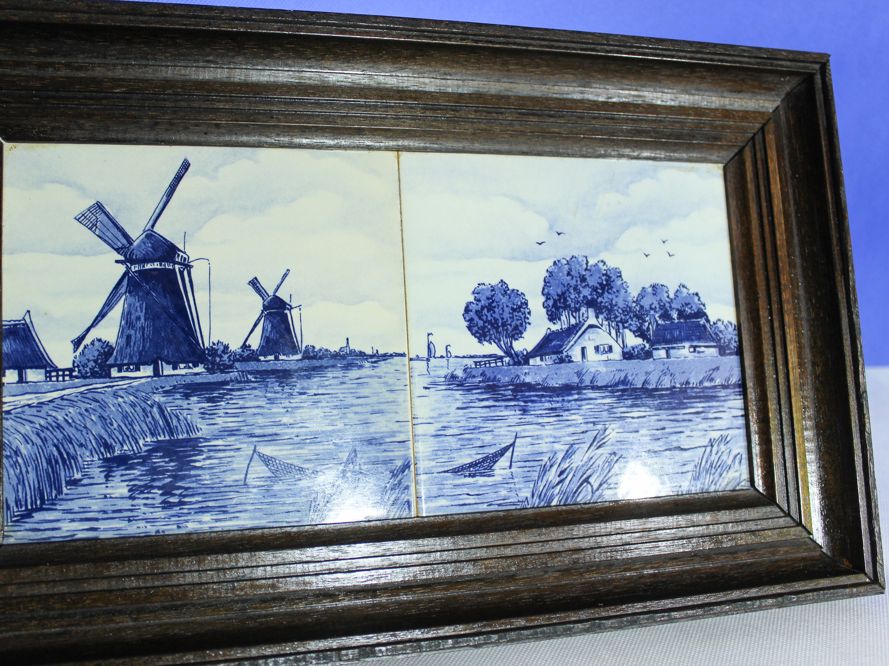 Vintage Large Wooden Frame With Two Delft Blue Tiles Depicting Dutch ...