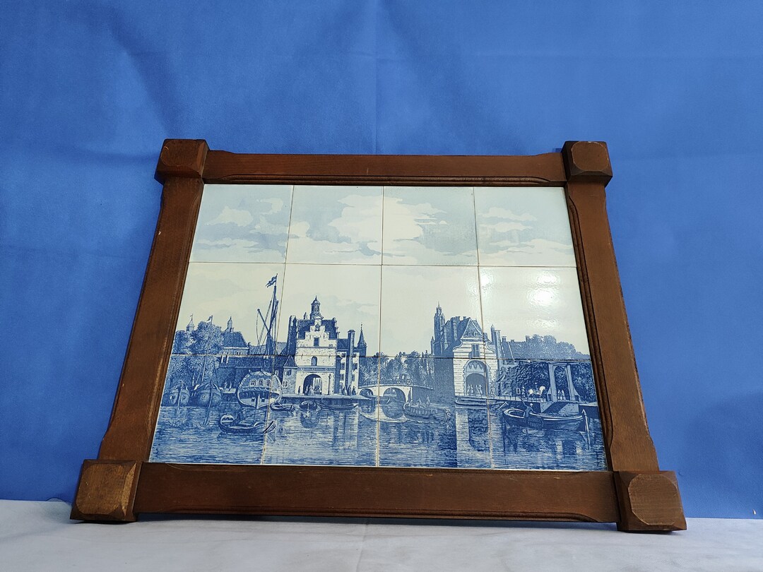 Vintage Delft Blue Tile Painting, Framed View of Delft by Cornelis ...