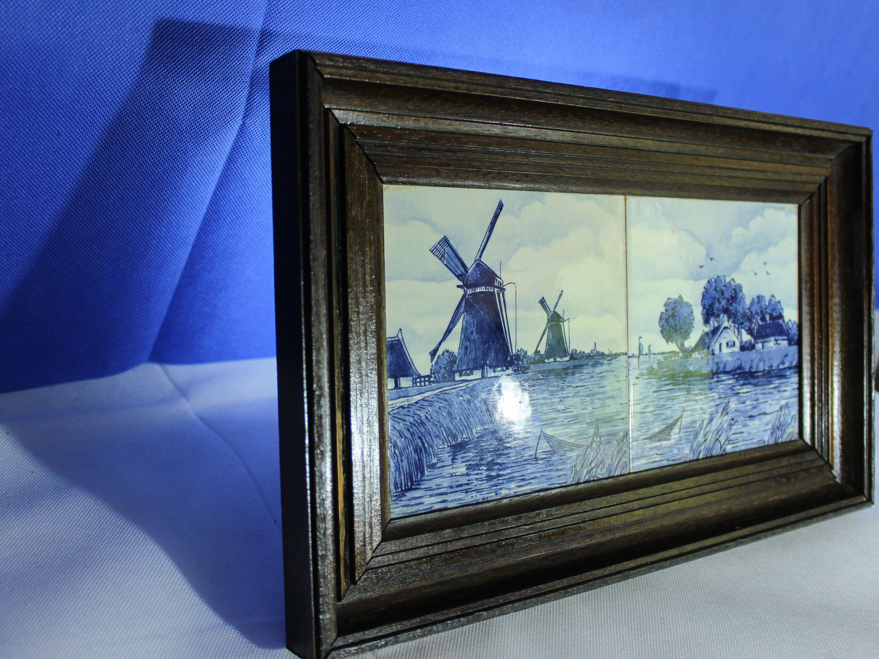 Vintage Large Wooden Frame With Two Delft Blue Tiles Depicting Dutch ...