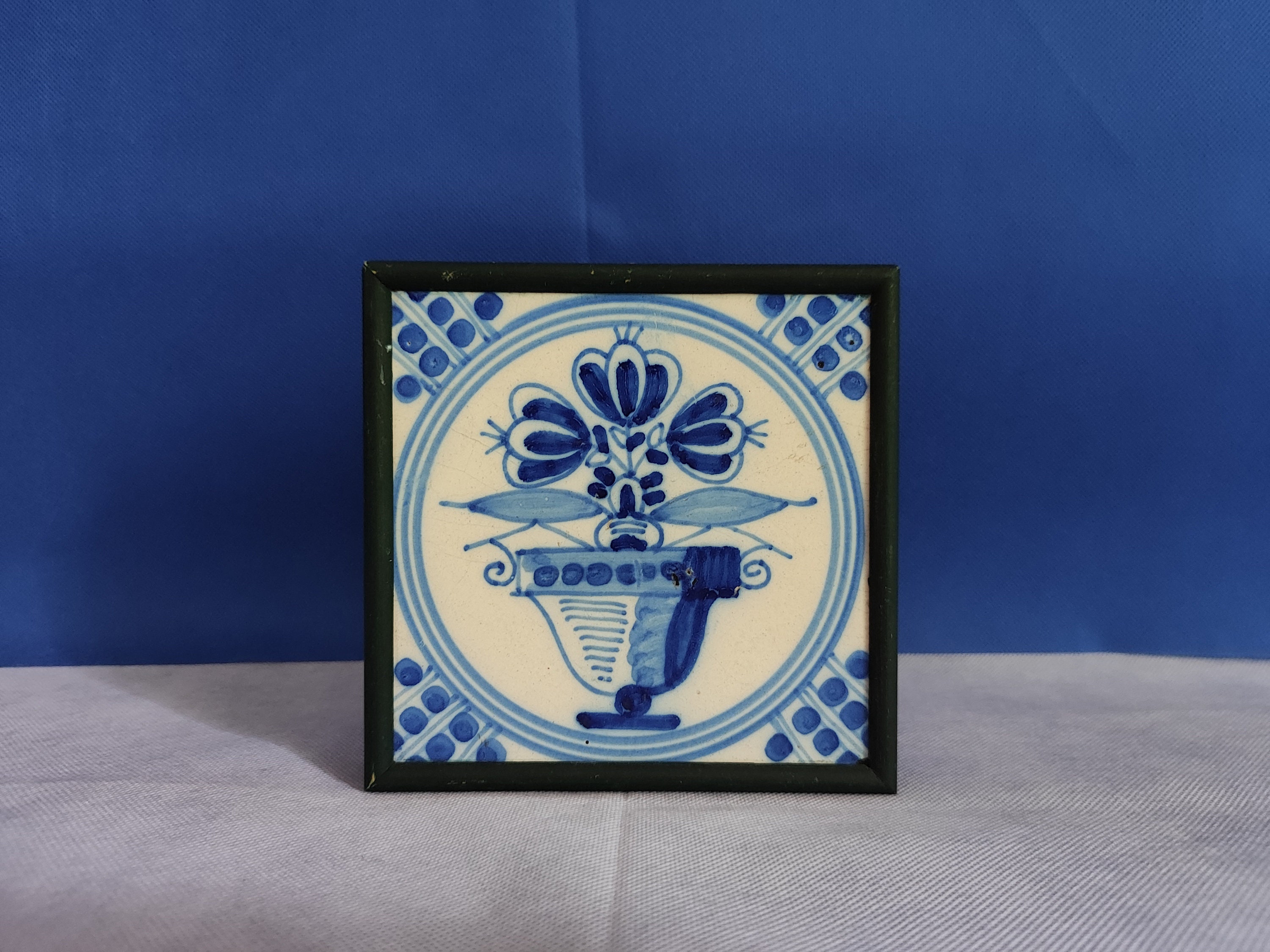 Manganese Delft Blue Antique Hand Painted Tile With Flower Pot in Large ...