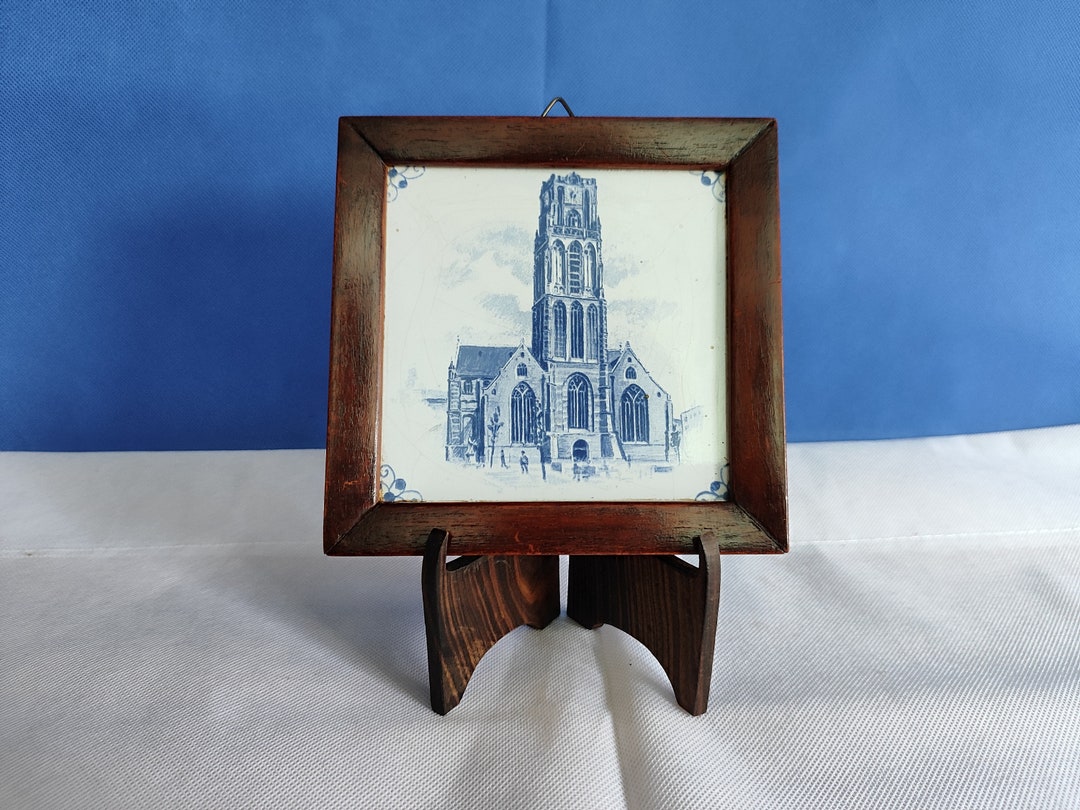 Vintage Delft Blue Tile of the Laurenskerk, Rotterdam in Wooden Frame ...