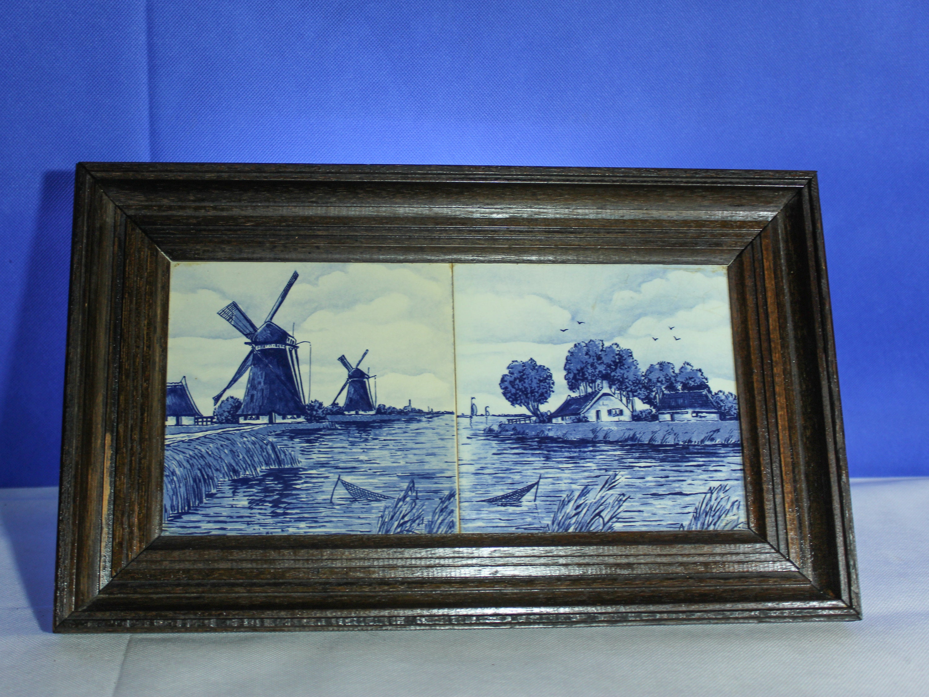Vintage Large Wooden Frame With Two Delft Blue Tiles Depicting Dutch ...