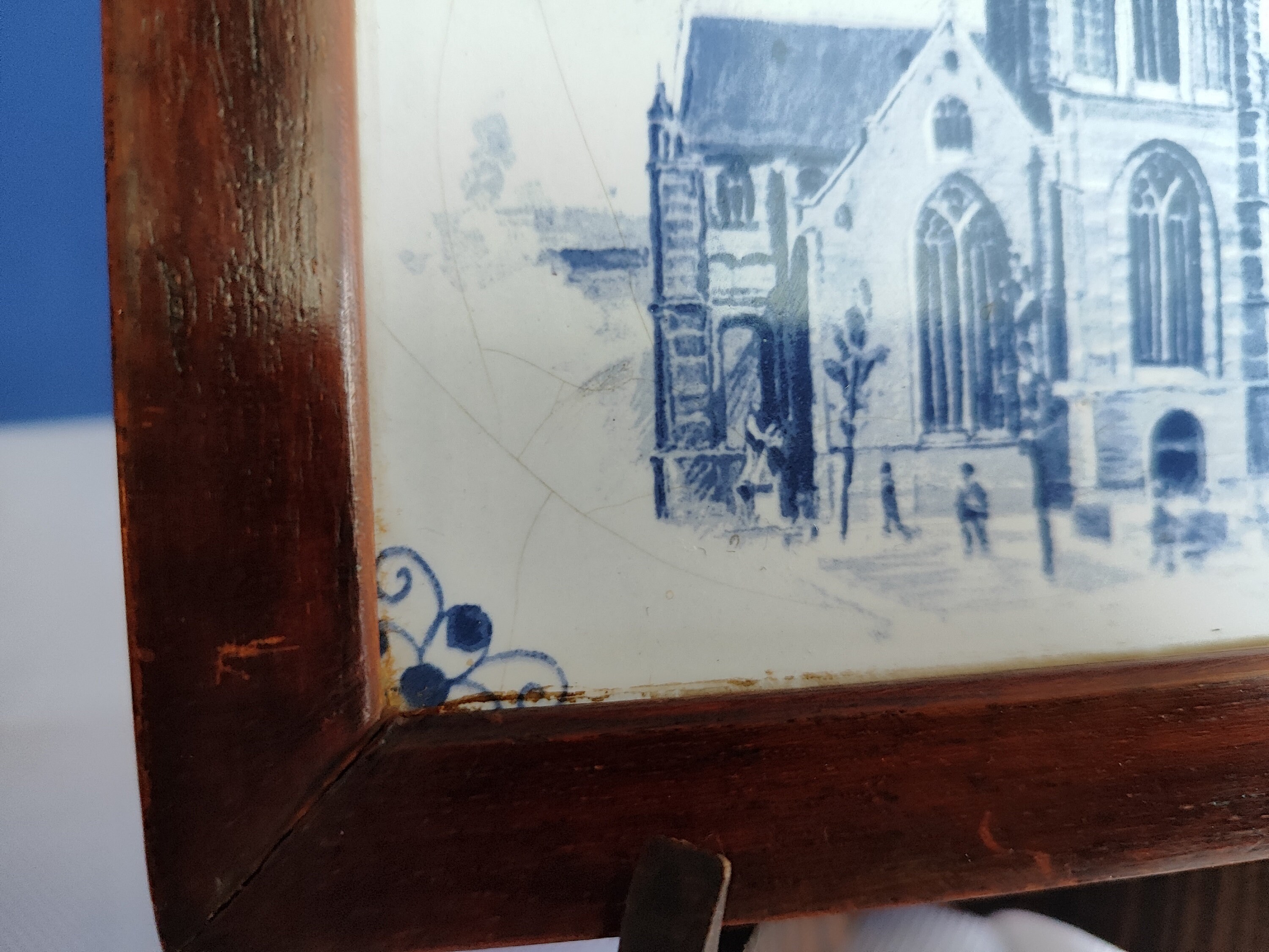 Vintage Delft Blue Tile of the Laurenskerk, Rotterdam in Wooden Frame ...