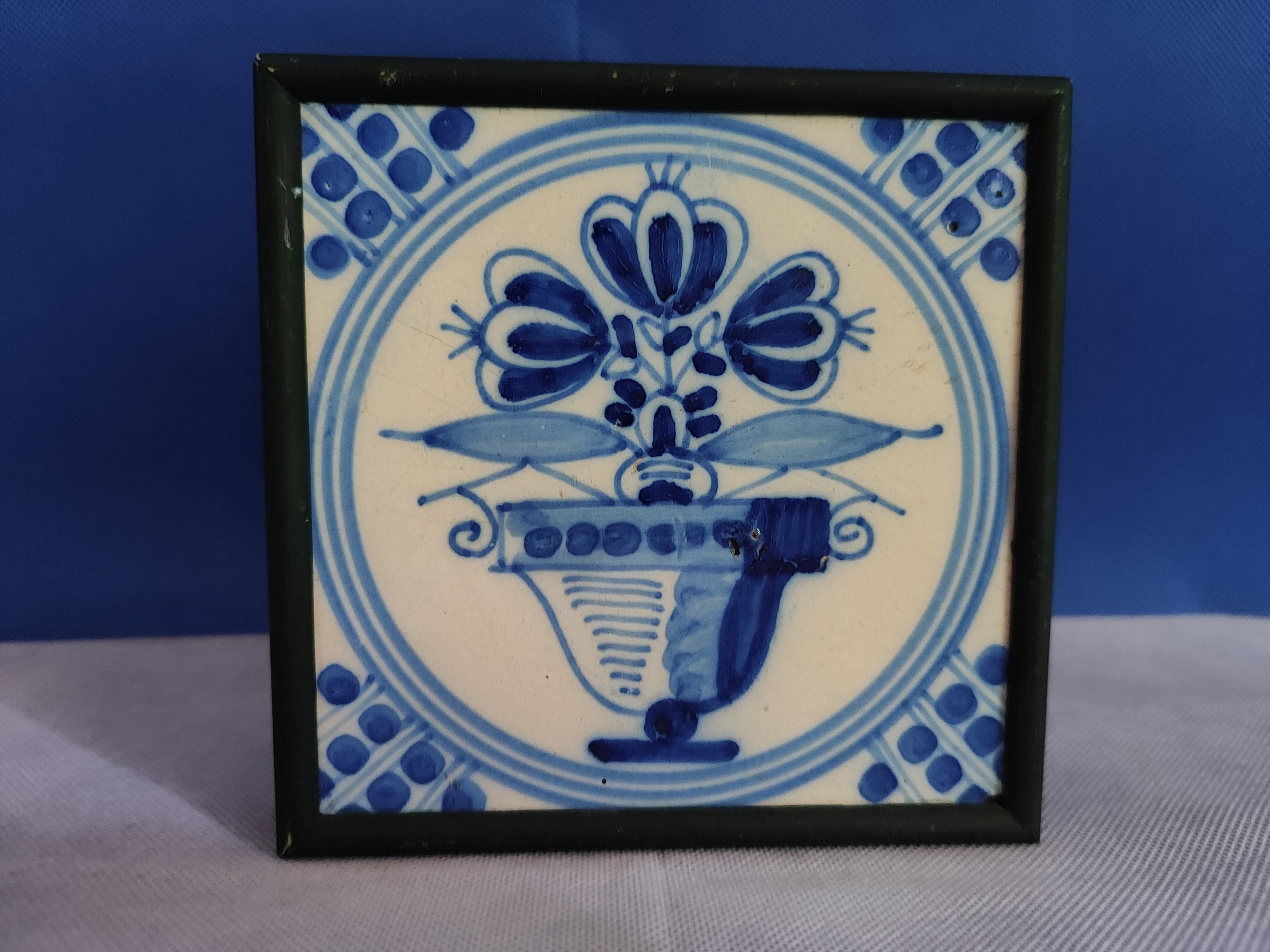 Manganese Delft Blue Antique Hand Painted Tile With Flower Pot in Large ...