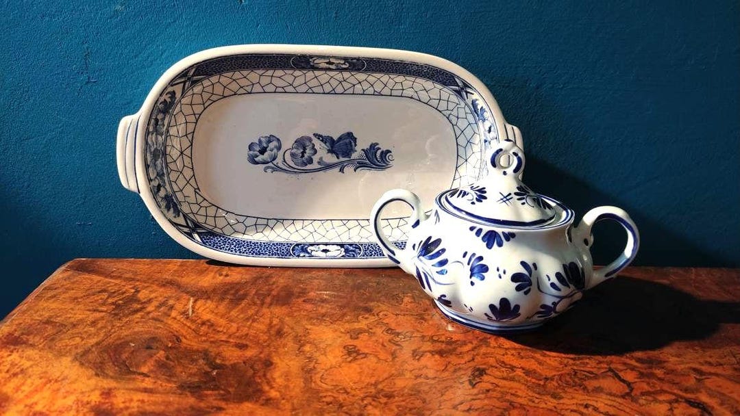 Vintage Dutch Set of a Blue Biscuits Plate and a Sugar Pot - Etsy