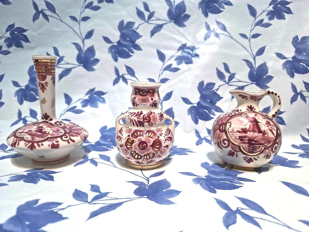 Rare Vintage Gilded Delft Red Hand Painted Set of Two Miniature Vases ...