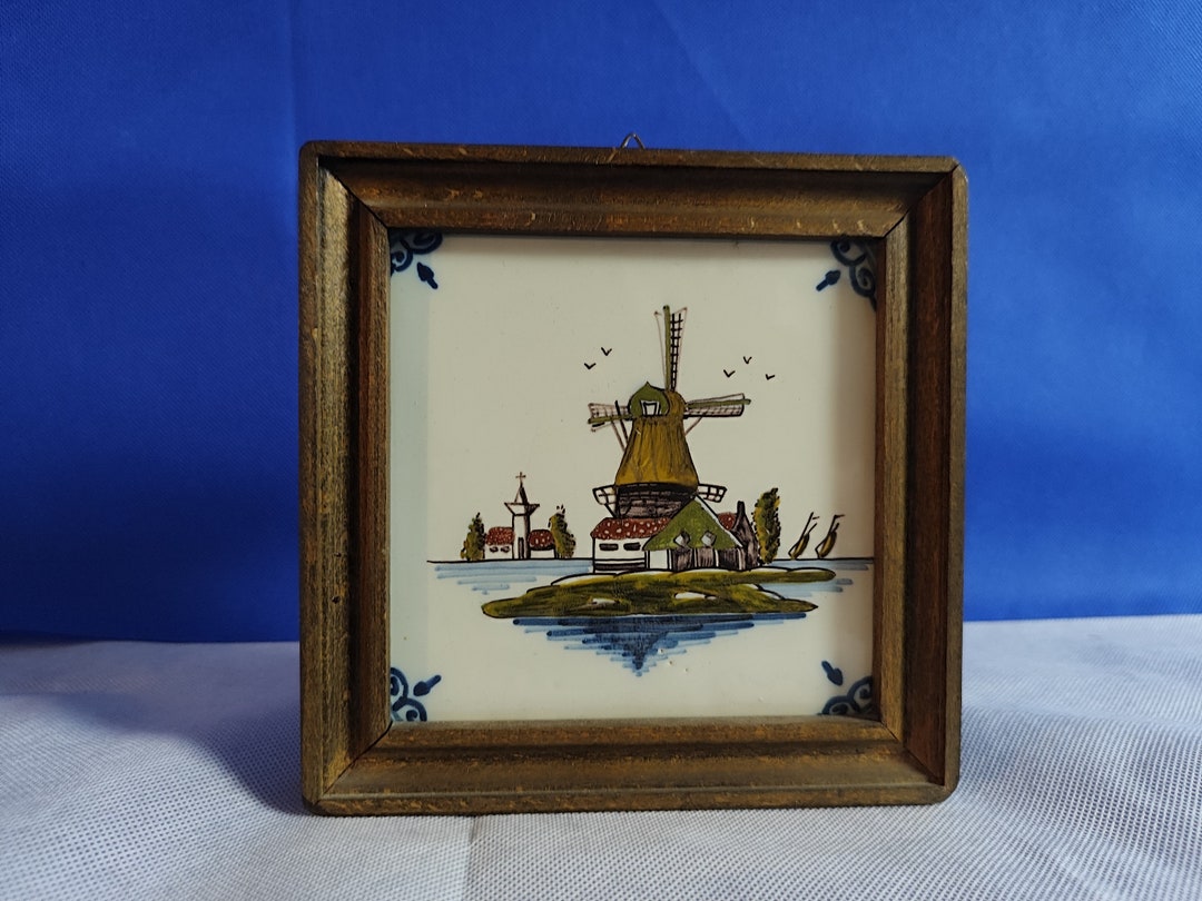 Vintage Makkum Tichelaar Polychrome Hand Painted Tile With Houses and ...