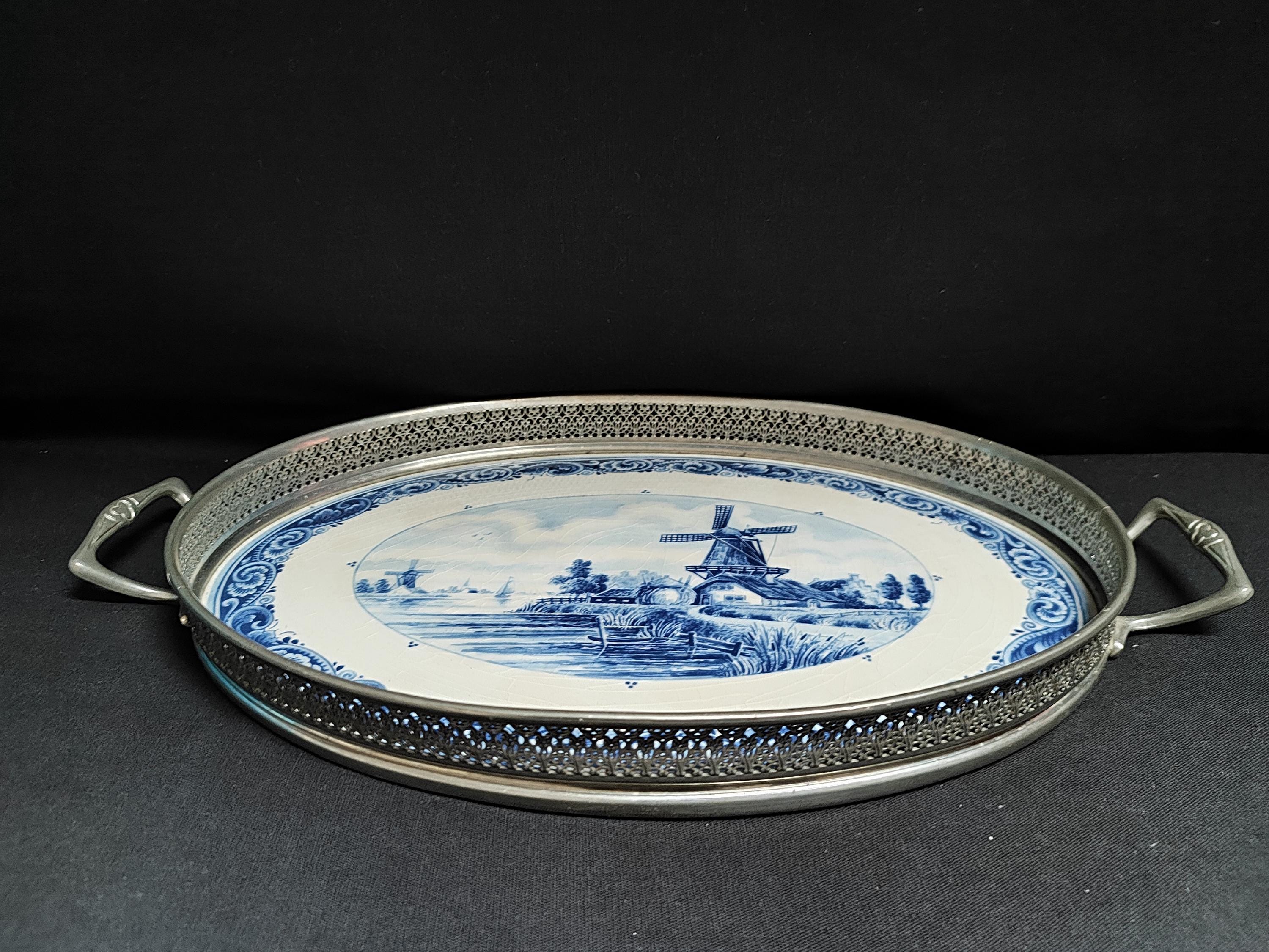 Large Vintage Tin Delft Blue Serving Tray Depicting Windmill Scene by ...
