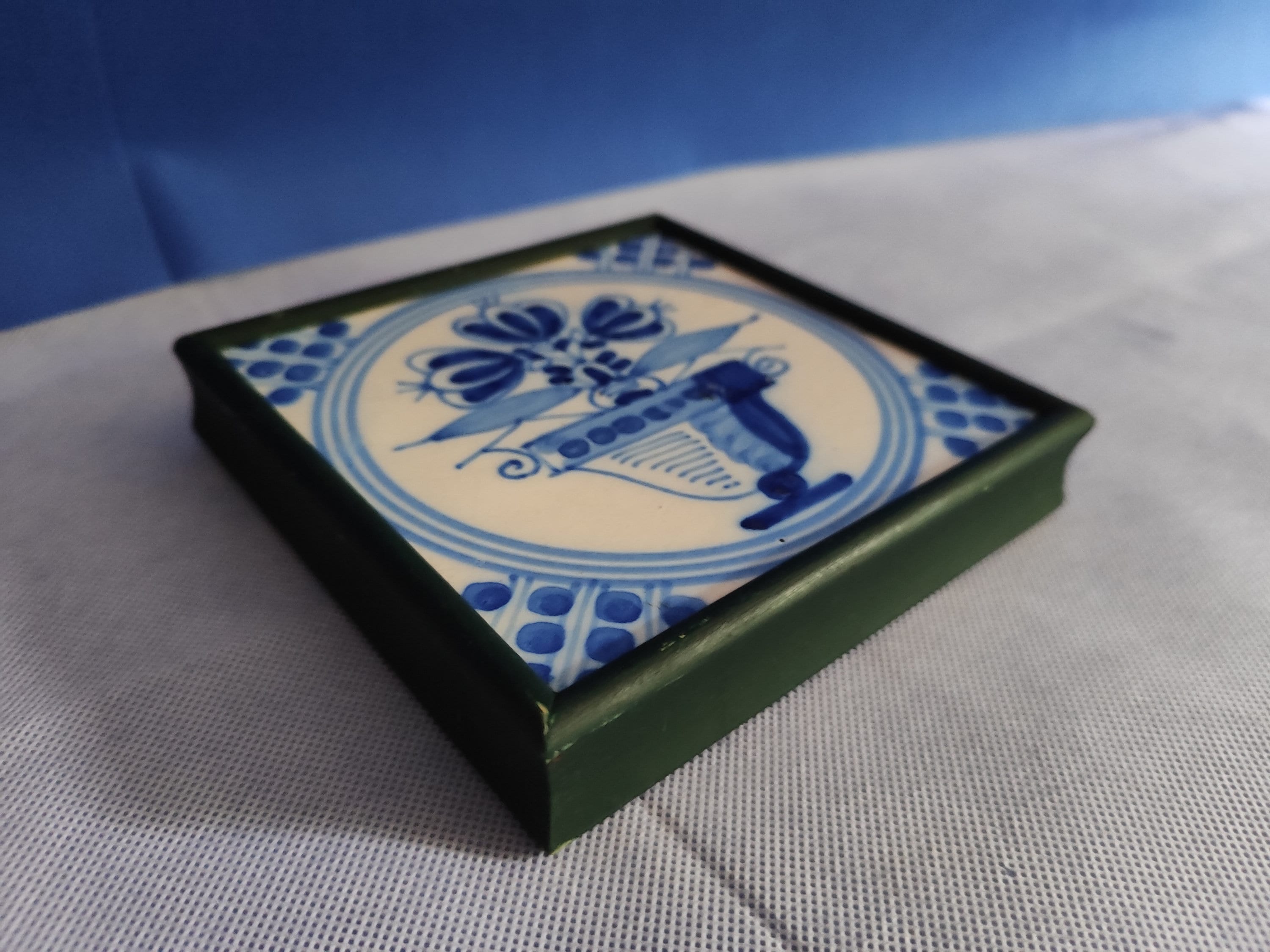 Manganese Delft Blue Antique Hand Painted Tile With Flower Pot in Large ...