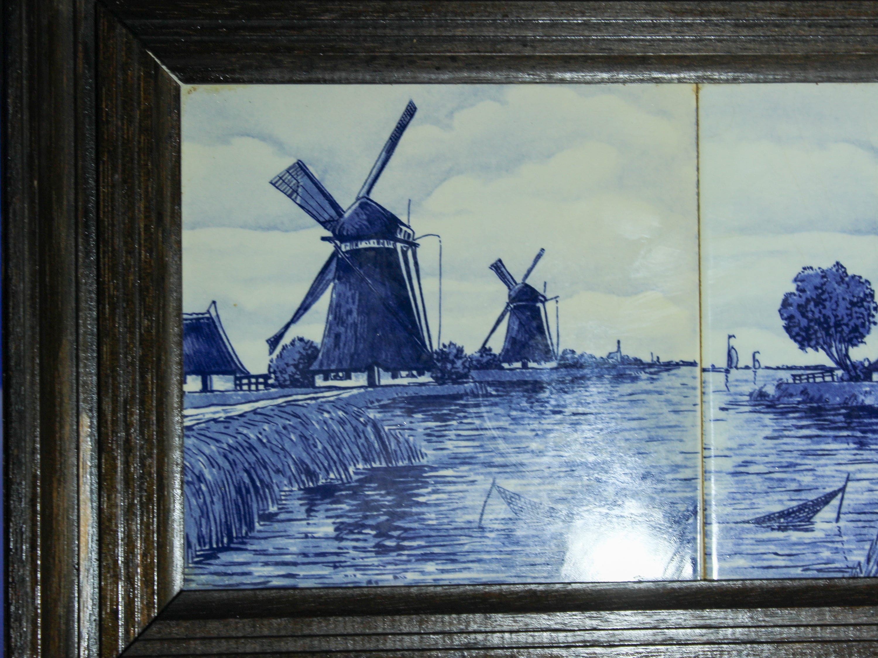 Vintage Large Wooden Frame With Two Delft Blue Tiles Depicting Dutch ...